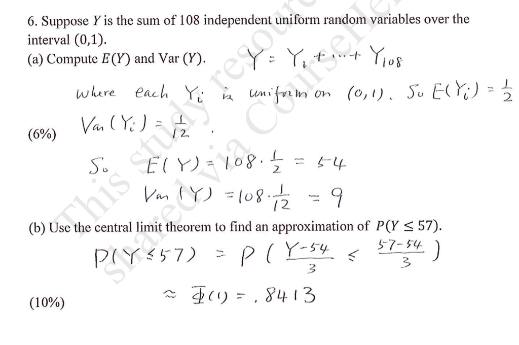 Solved 6. Suppose Y is the sum of 108 independent uniform | Chegg.com