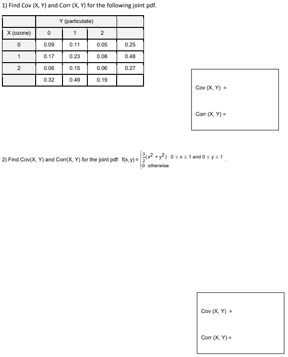 Solved 1) Find Cov (X,Y) and Corr (X,Y) for the following | Chegg.com