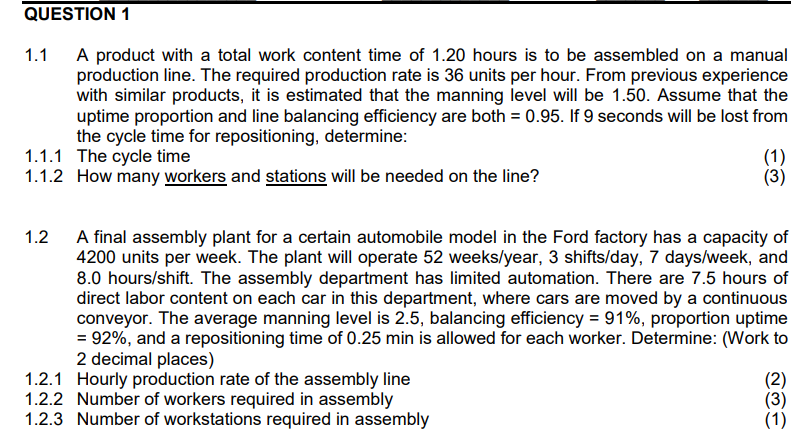 Solved 1.1 A product with a total work content time of 1.20 | Chegg.com