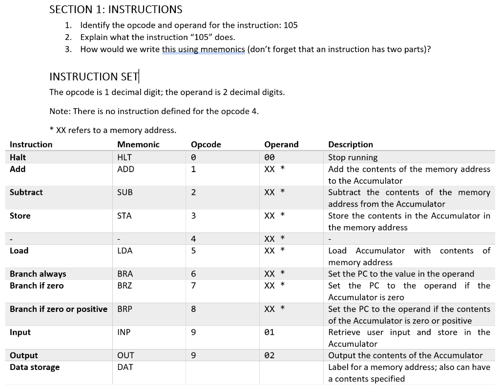 Solved Section 1 Instructions 1 Identify The Opcode And 