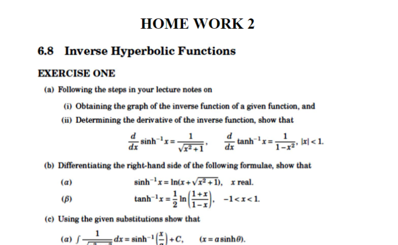 Solved HOME WORK 2 6.8 Inverse Hyperbolic Functions EXERCISE | Chegg.com