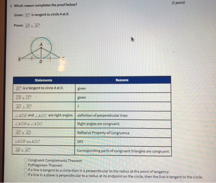 Solved (1 point) 1. Which reason completes the proof below? | Chegg.com