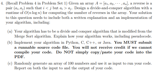 Solved 4. (Recall Problem 4 in Problem Set 1) Given an array | Chegg.com