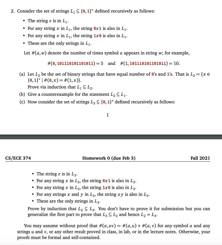 Solved 2. Consider the set of strings L1 S {0,1}* defined | Chegg.com