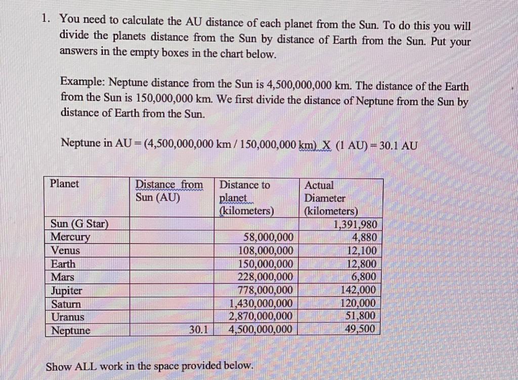 Solved 1. You need to calculate the AU distance of each | Chegg.com
