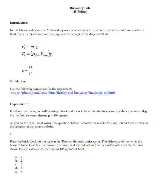 Buoyancy Lab (10 Points) Introduction: In this lab | Chegg.com