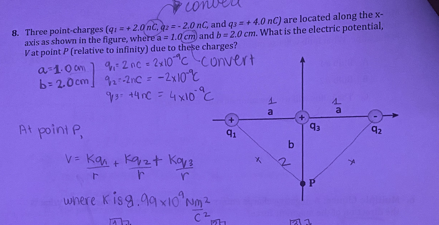 Solved 8. Three point-charges (q1=+2.0nnC,q2=−2.0nC, and | Chegg.com