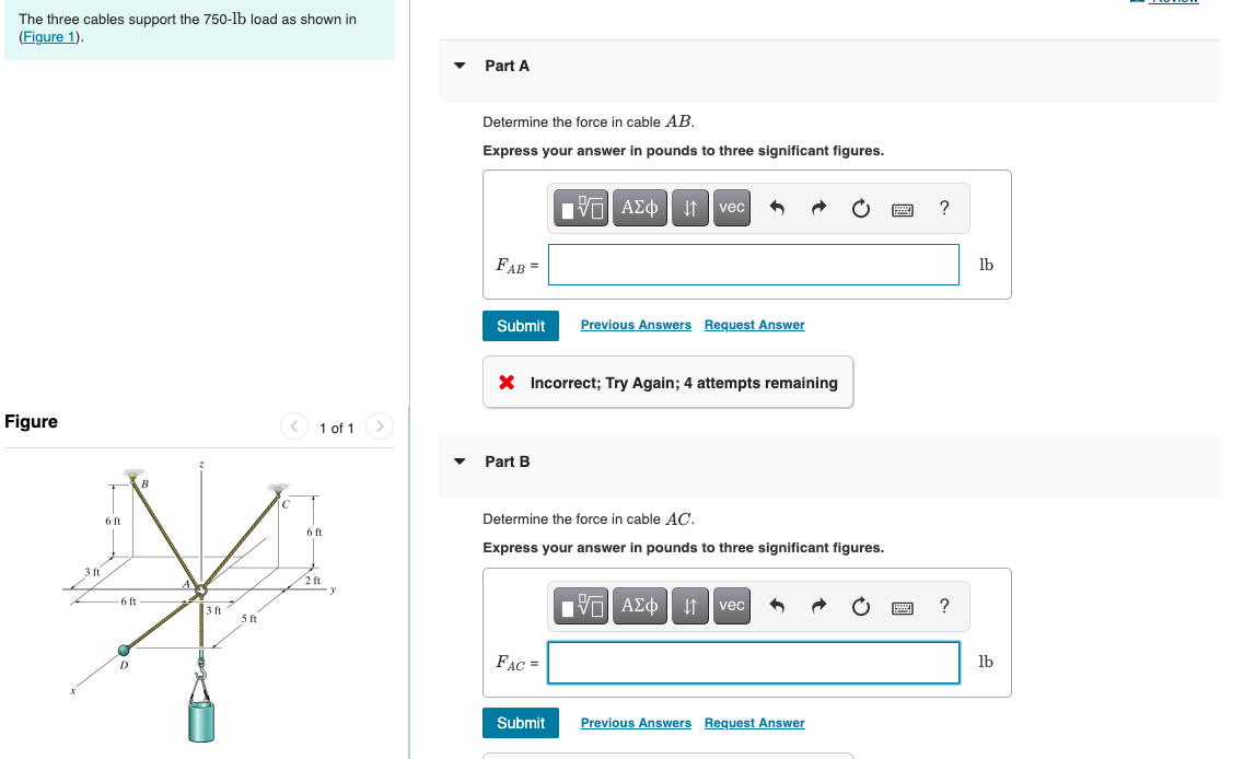 Solved The three cables support the 750-lb load as shown in | Chegg.com