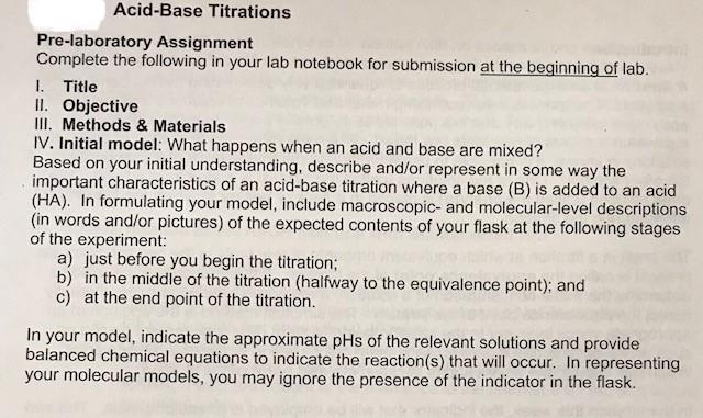 Solved Acid-Base Titrations Pre-laboratory Assignment | Chegg.com