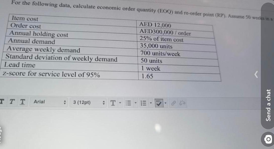 Solved For the following data, calculate economic order | Chegg.com