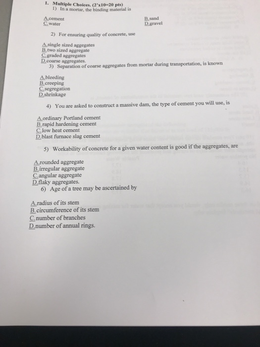 Solved 1. Multiple Choices. (2'x10-20 pts) 1) In a mortar, | Chegg.com