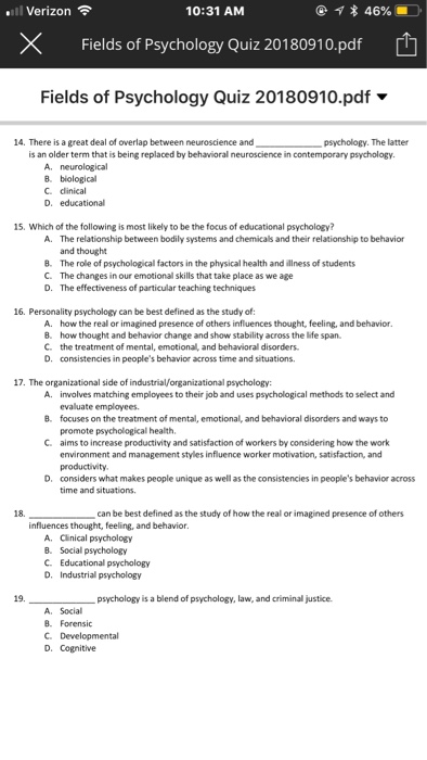 Solved .11 Verizon 10:31 AM Fields of Psychology Quiz | Chegg.com