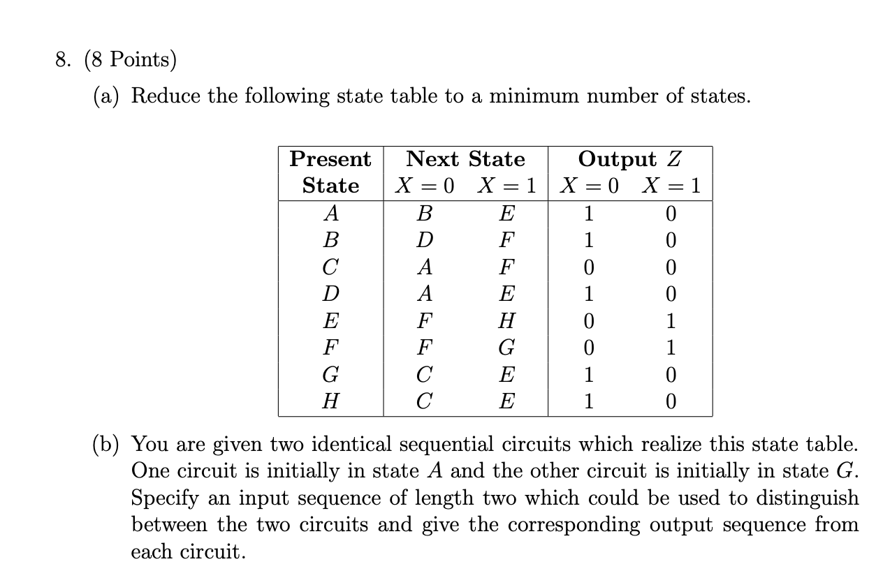 Solved 8. (8 Points) (a) Reduce the following state table to | Chegg.com