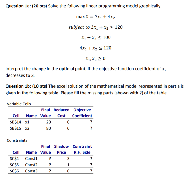 Solved Question 1a: (20 pts) Solve the following linear | Chegg.com
