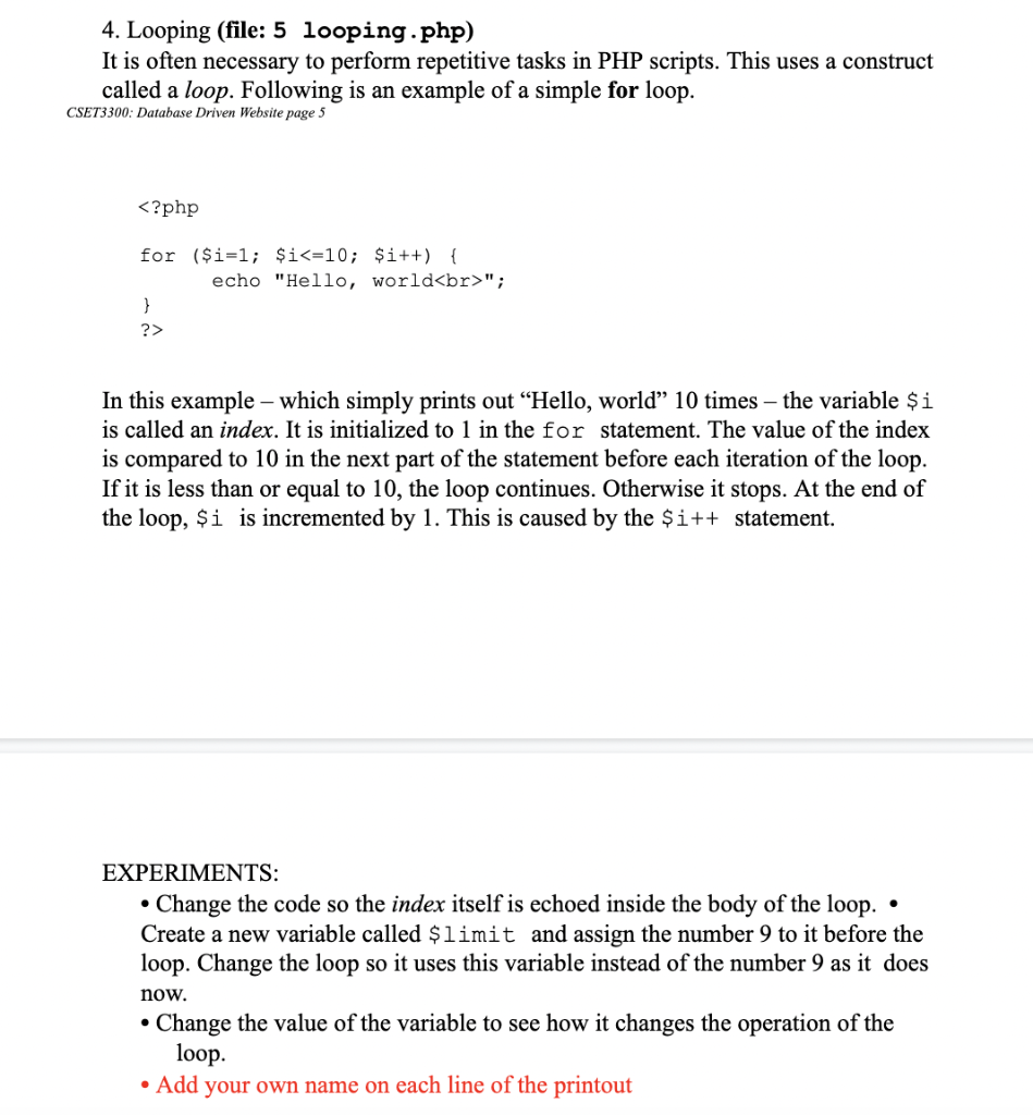 Solved 4. Looping (file: 5 looping.php) It is often | Chegg.com