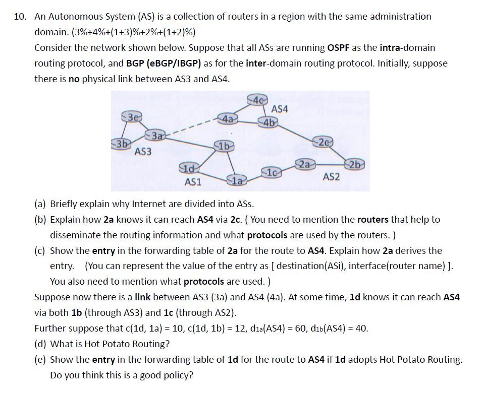 Solved 10. An Autonomous System (AS) is a collection of | Chegg.com