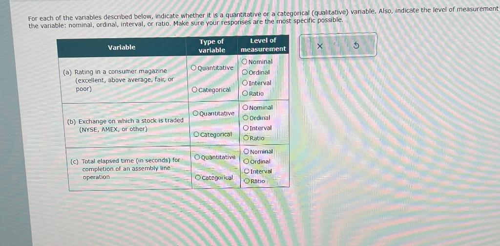 Solved =or each of the variables described below, indicate | Chegg.com