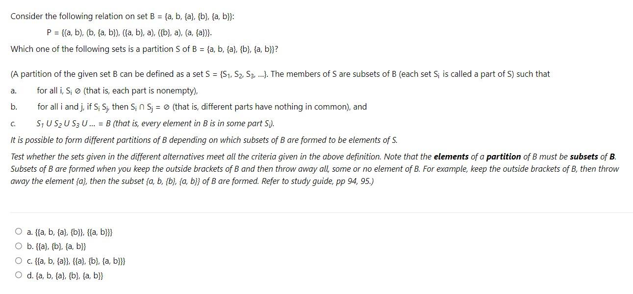 Solved Consider the following relation on set B = (a, b, | Chegg.com