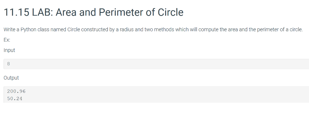 Solved 11.15 LAB: Area and Perimeter of Circle Write a | Chegg.com