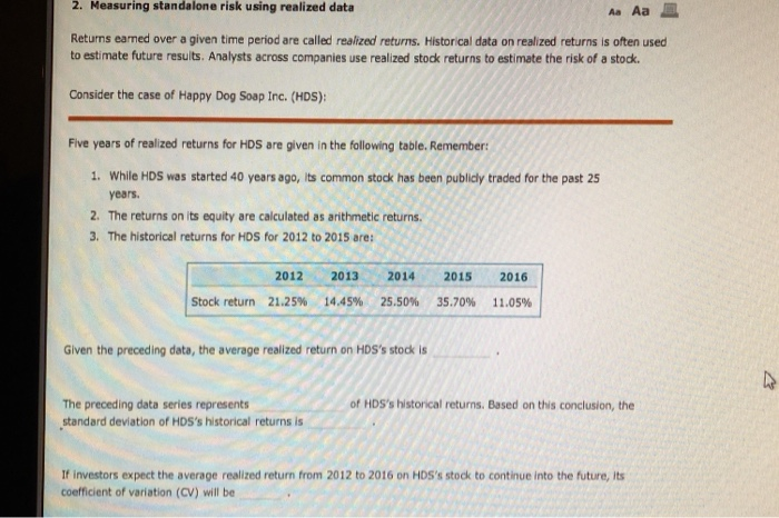 Solved 2. Measuring standalone risk using realized data Aa | Chegg.com