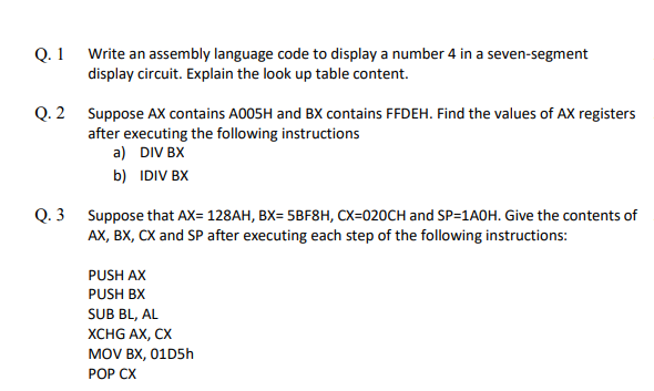 Solved Q. 1 Write an assembly language code to display a | Chegg.com