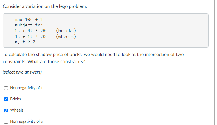 Solved Consider a variation on the lego problem: max 10s + | Chegg.com