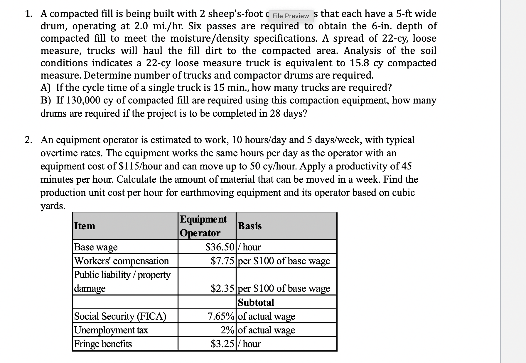 Solved 1. ﻿A compacted fill is being built with 2 | Chegg.com