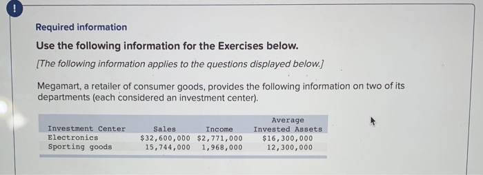 Solved Exercise 22-9 Investment center analysis LO A1 You | Chegg.com