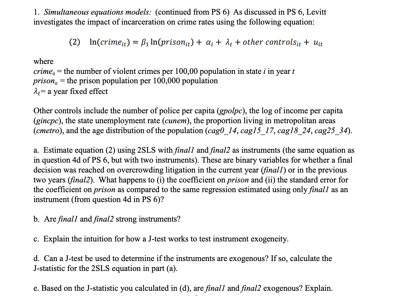 Solved 1. Simultaneous equations models: (continued from PS | Chegg.com