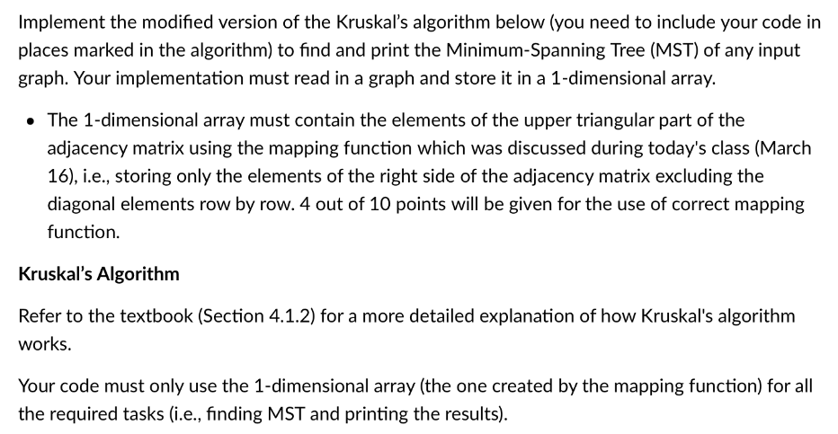 Solved Implement the modified version of the Kruskal's | Chegg.com