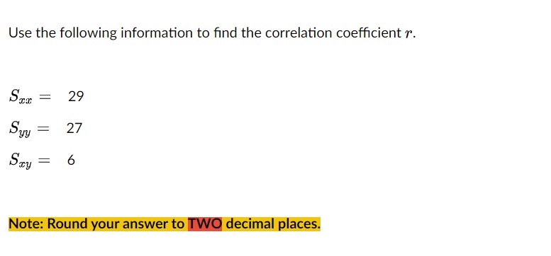 Use the following information to find the correlation | Chegg.com