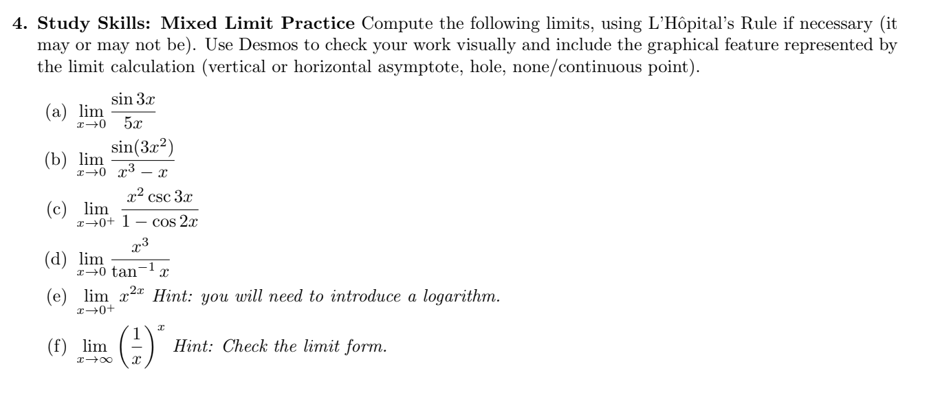 Solved 4. Study Skills: Mixed Limit Practice Compute the | Chegg.com