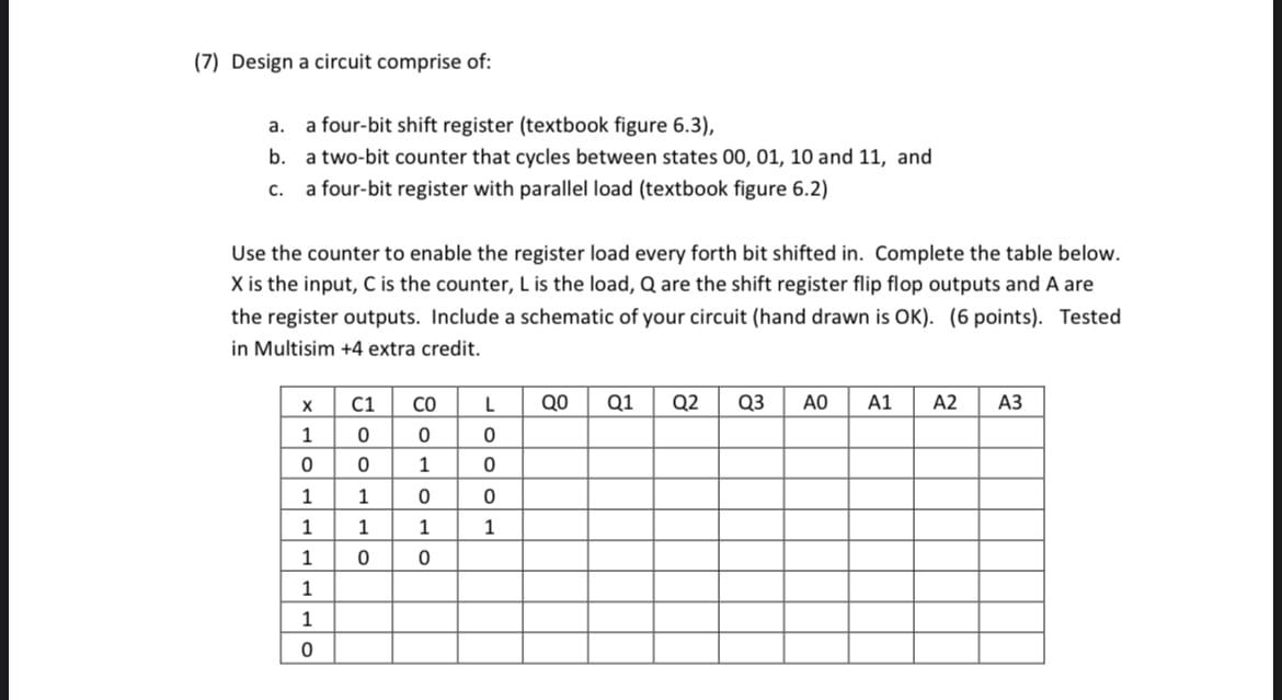 (7) Design a circuit comprise of: a. a four-bit shift | Chegg.com