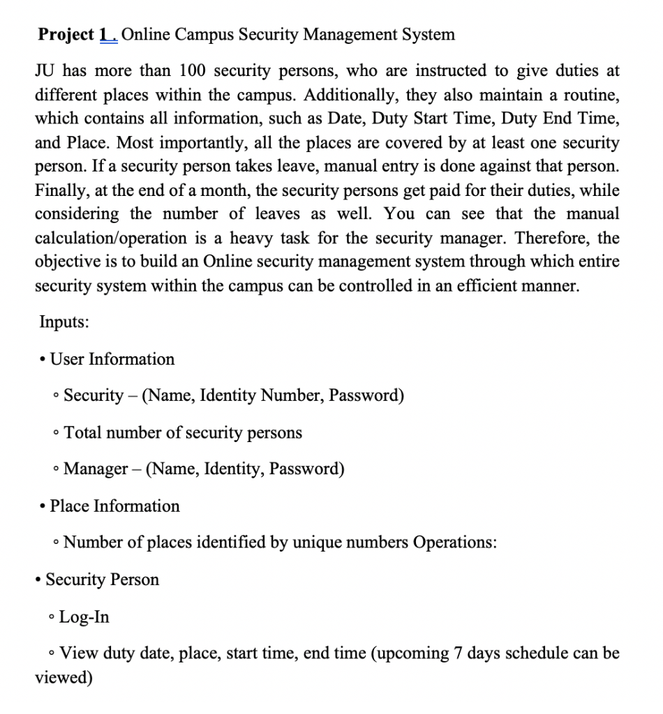Solved Project 1. Online Campus Security Management System | Chegg.com