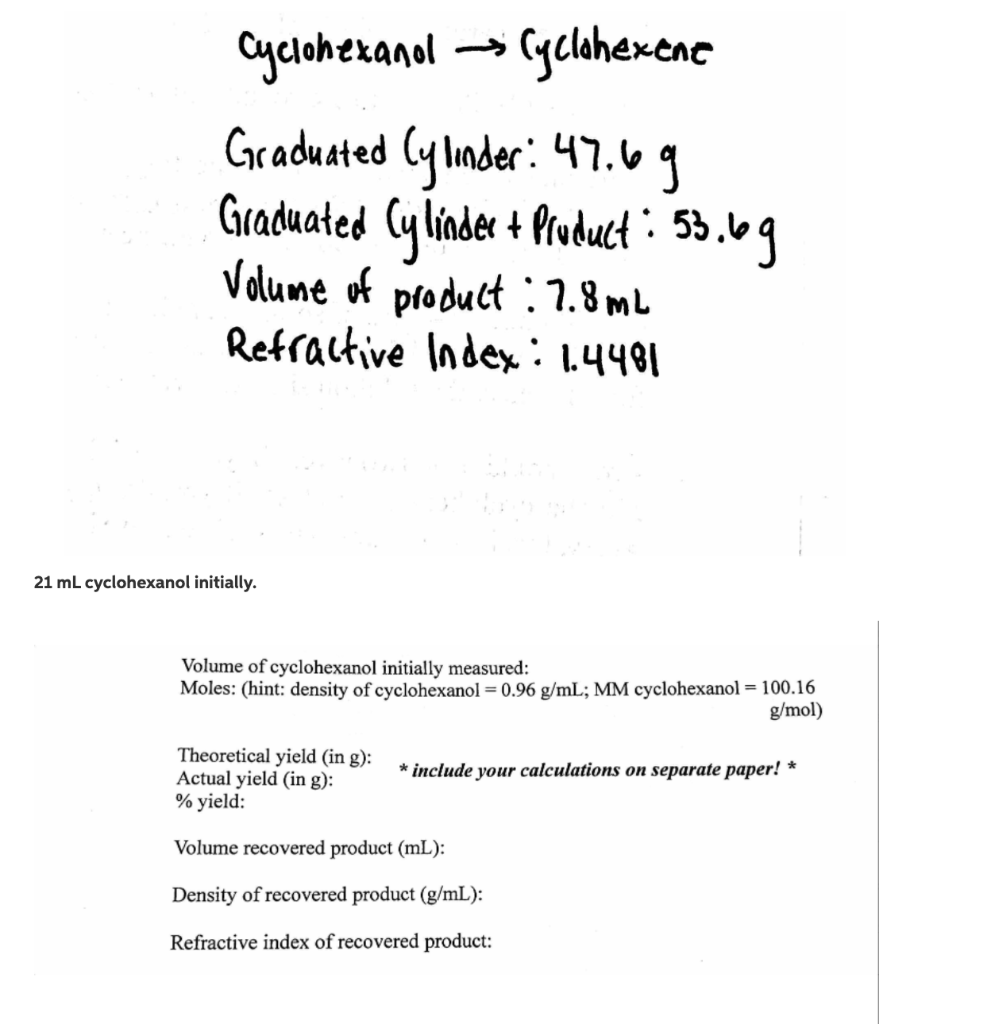Solved Cyclohexanol Cyclohexene Graduated Cylinder : 47.69 | Chegg.com
