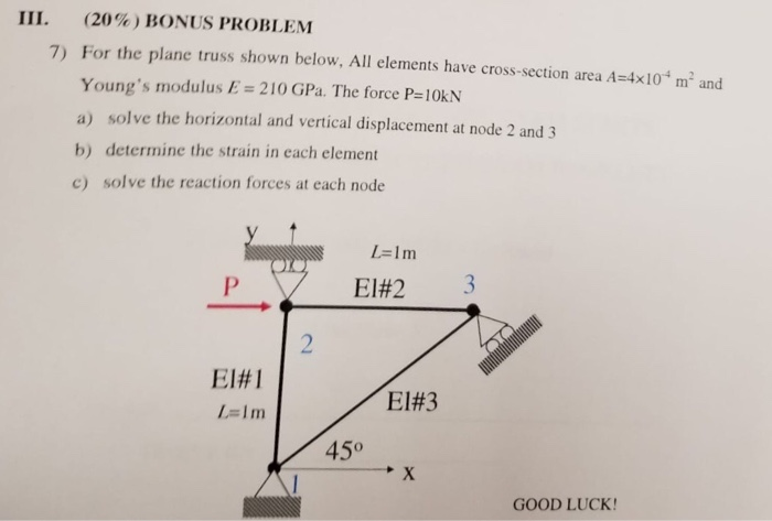 Solved 111, (20% ) B()NUS PROBLEM 7) For the plane truss | Chegg.com