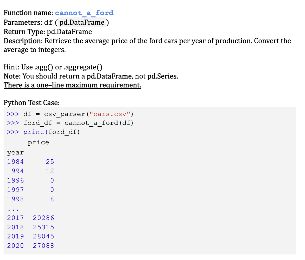 Solved Function name: cannot a ford Parameters: df | Chegg.com