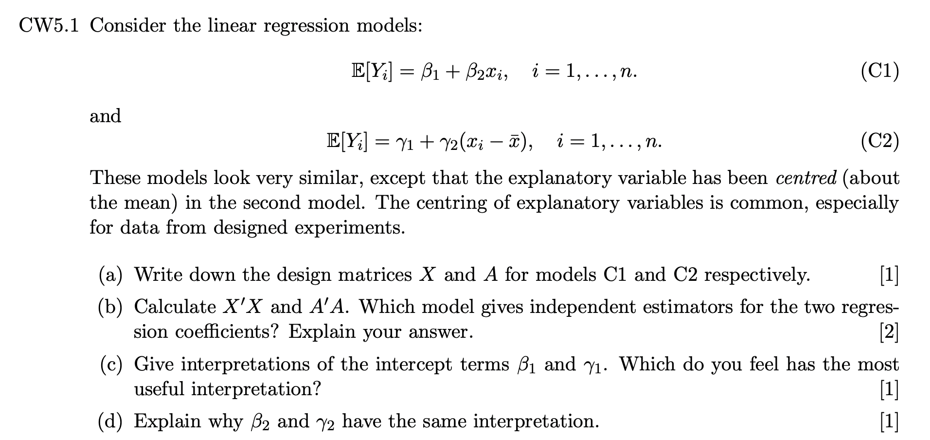 Solved CW5.1 Consider the linear regression models: | Chegg.com
