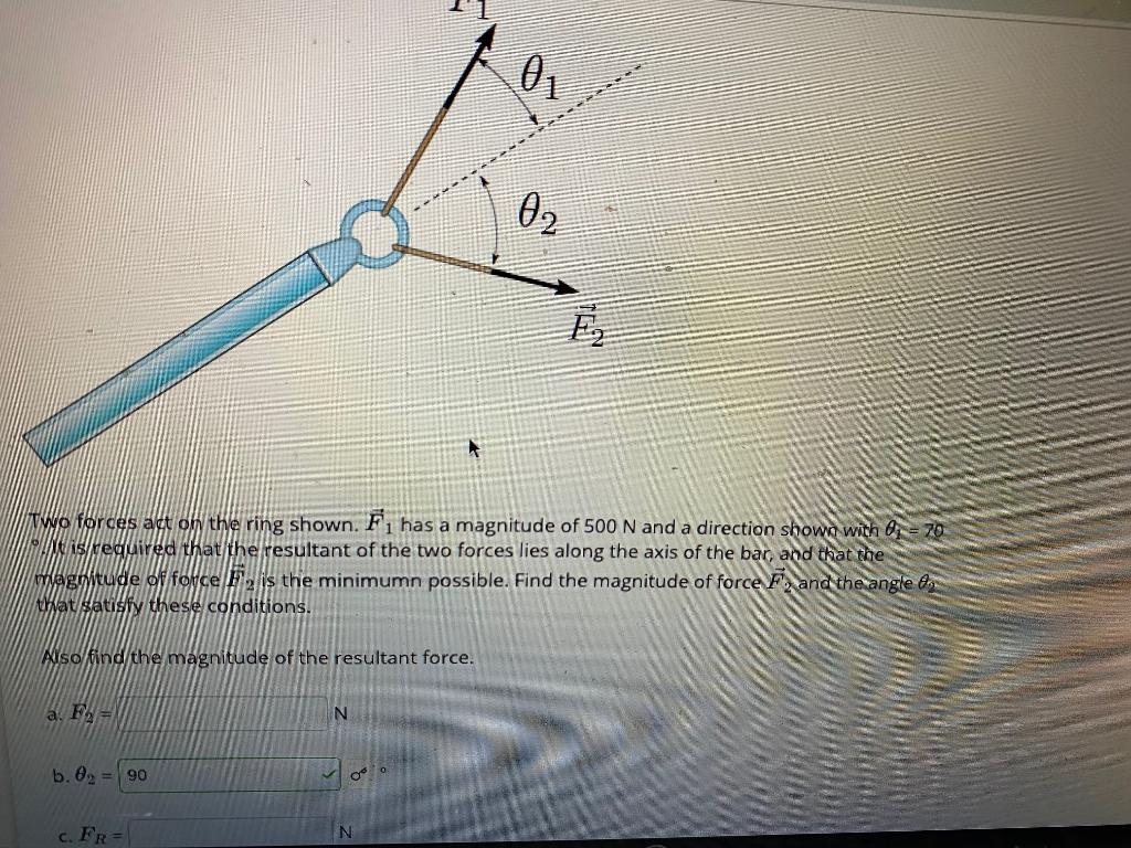 Solved 01 02 Two forces act on the ring shown. Fı has a | Chegg.com