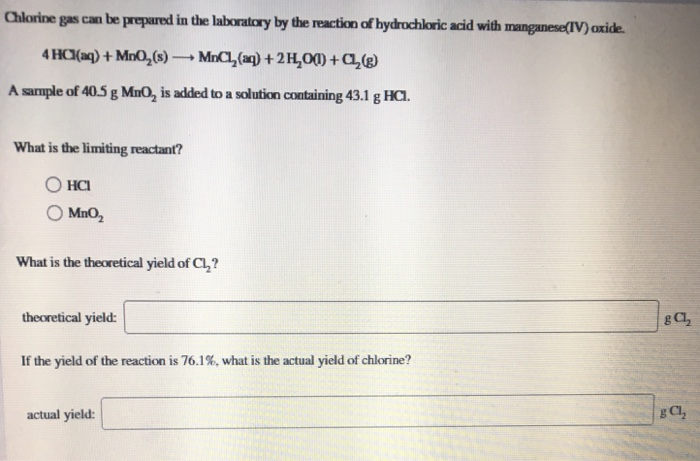 Solved Chlorine gas can be prepared in the laboratory by the | Chegg.com