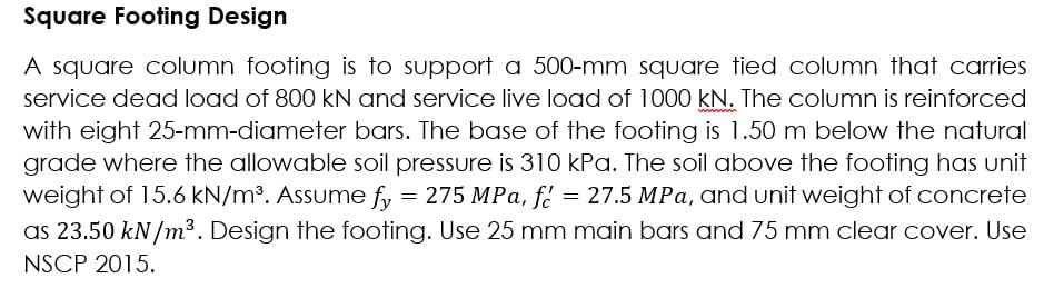 Square Footing Design A square column footing is to | Chegg.com