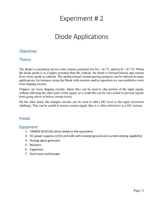 Solved Experiment # 2 Diode Applications Objectives Theory | Chegg.com