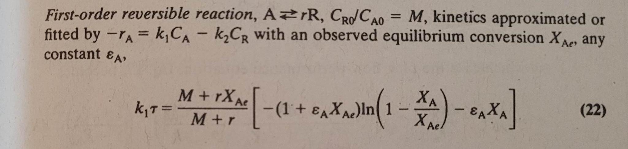 Solved First Order Reversible Reaction A⇄rr Cr0 Ca0 M