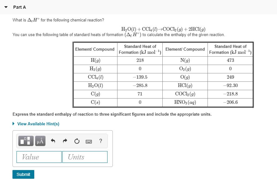 Solved Part A What is ArH° for the following chemical | Chegg.com
