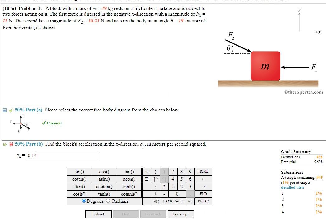 Solved (10%) Problem 1: A block with a mass of m=49 kg rests | Chegg.com