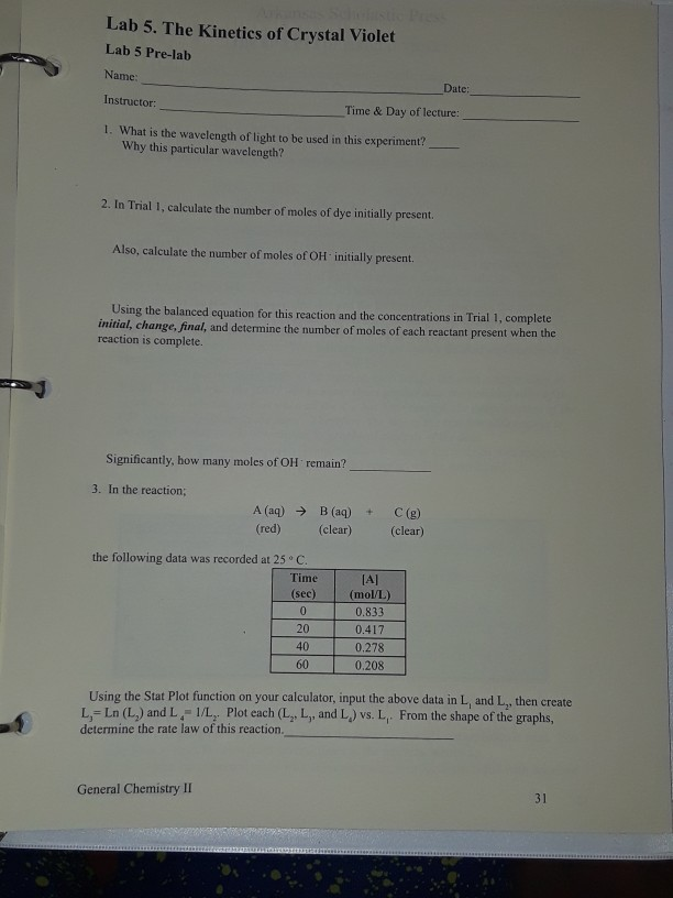 Lab 5. The Kinetics of Crystal Violet Lab 5 Pre-lab | Chegg.com