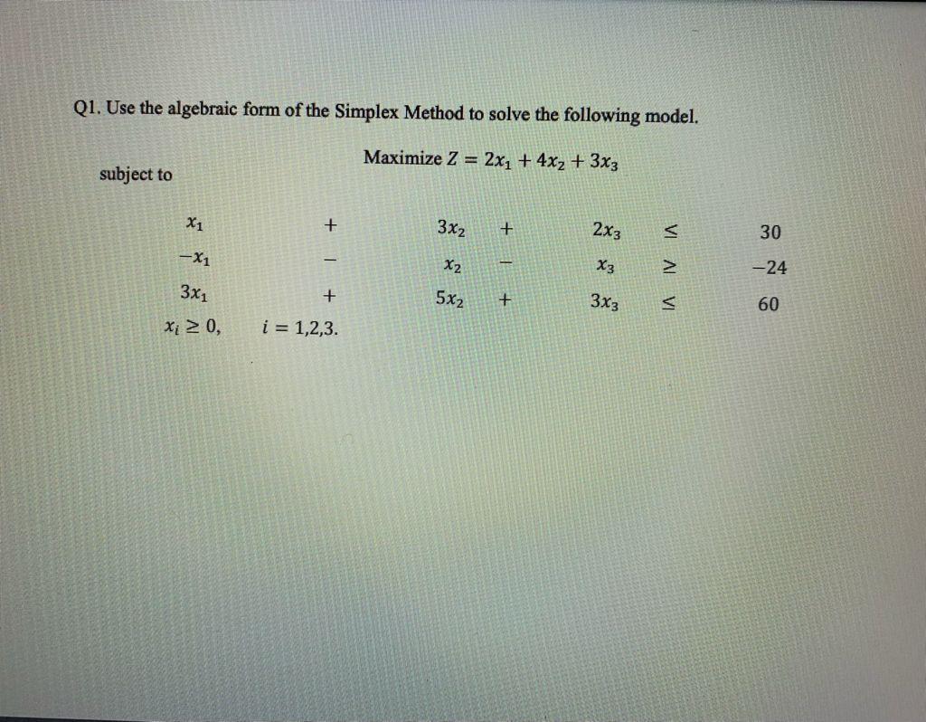 Solved Q1. Use the algebraic form of the Simplex Method to | Chegg.com