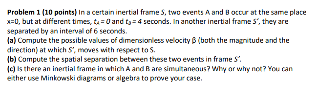 Solved Problem 1 (10 points) In a certain inertial frame S, | Chegg.com