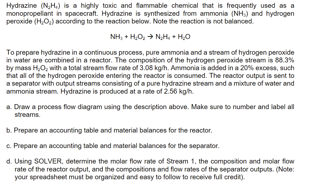 Solved Hydrazine (N2H4) is a highly toxic and flammable | Chegg.com