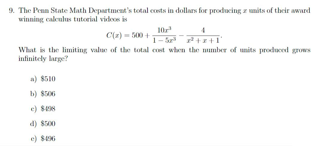 Solved 9. The Penn State Math Department's total costs in | Chegg.com
